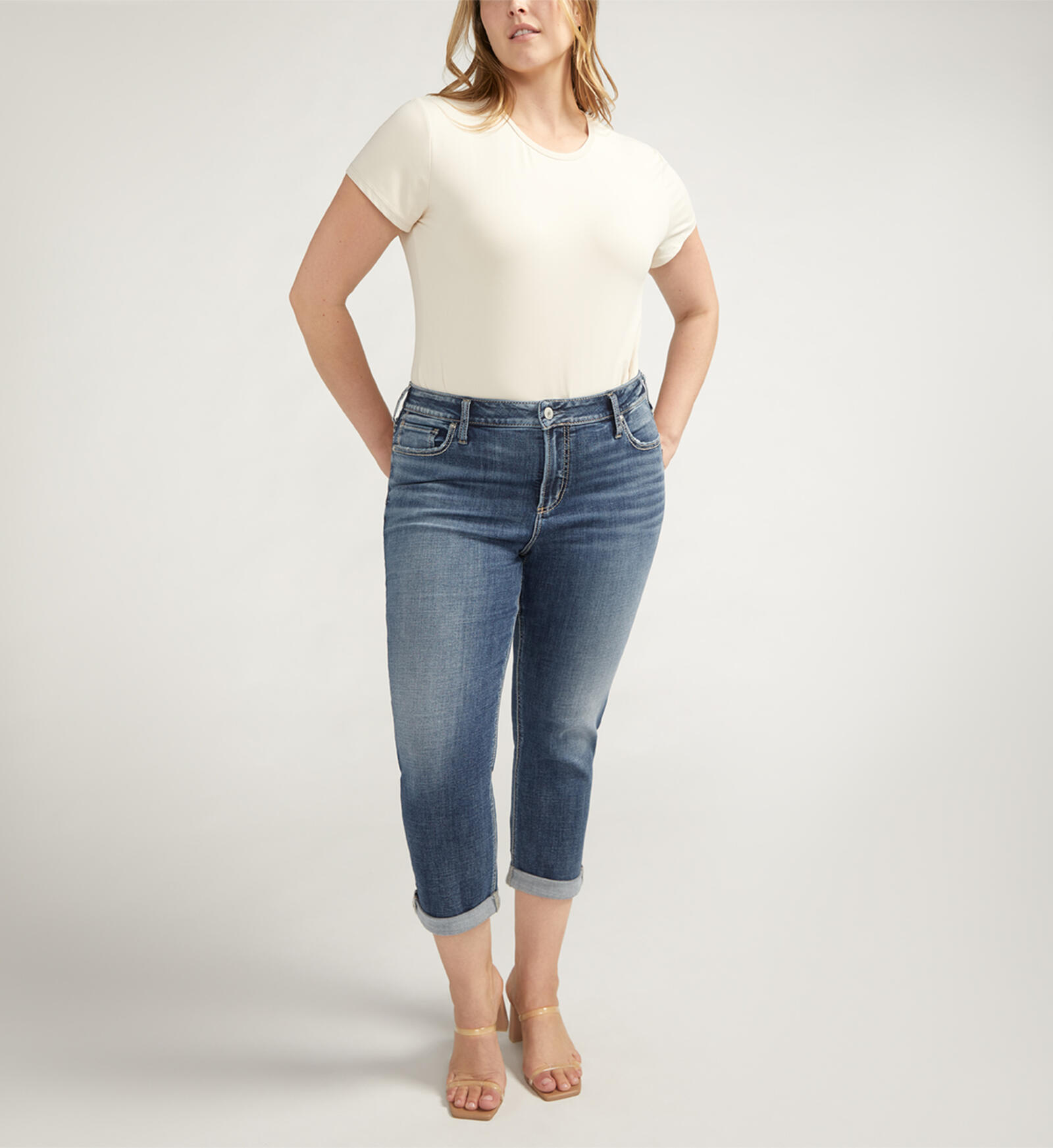 Buy Elyse Mid Rise Luxe Stretch Capri Plus Size for USD 37.00 | Silver ...
