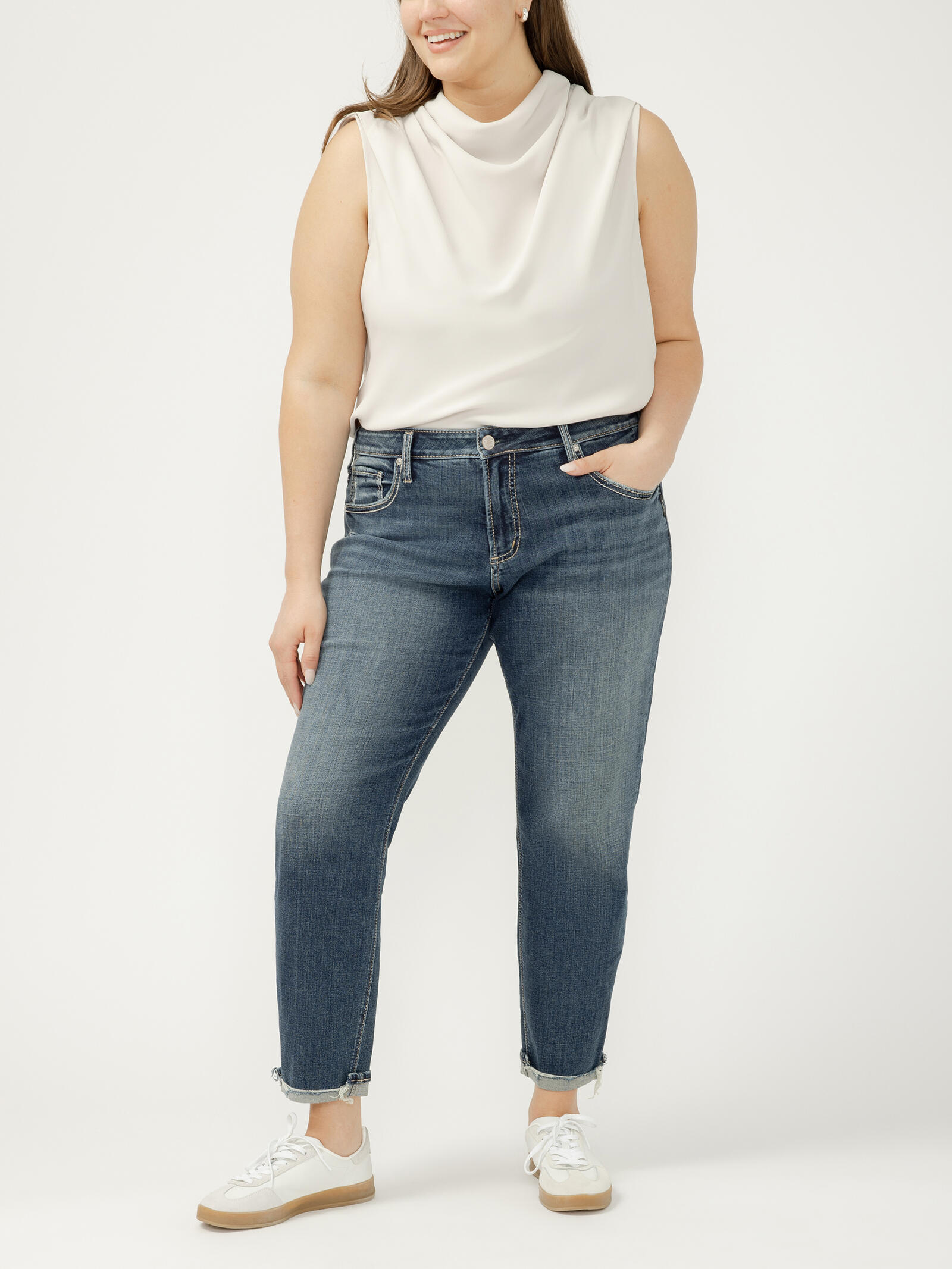 Buy Boyfriend Mid Rise Slim Leg Jeans Plus Size for USD 44.00 | Silver ...
