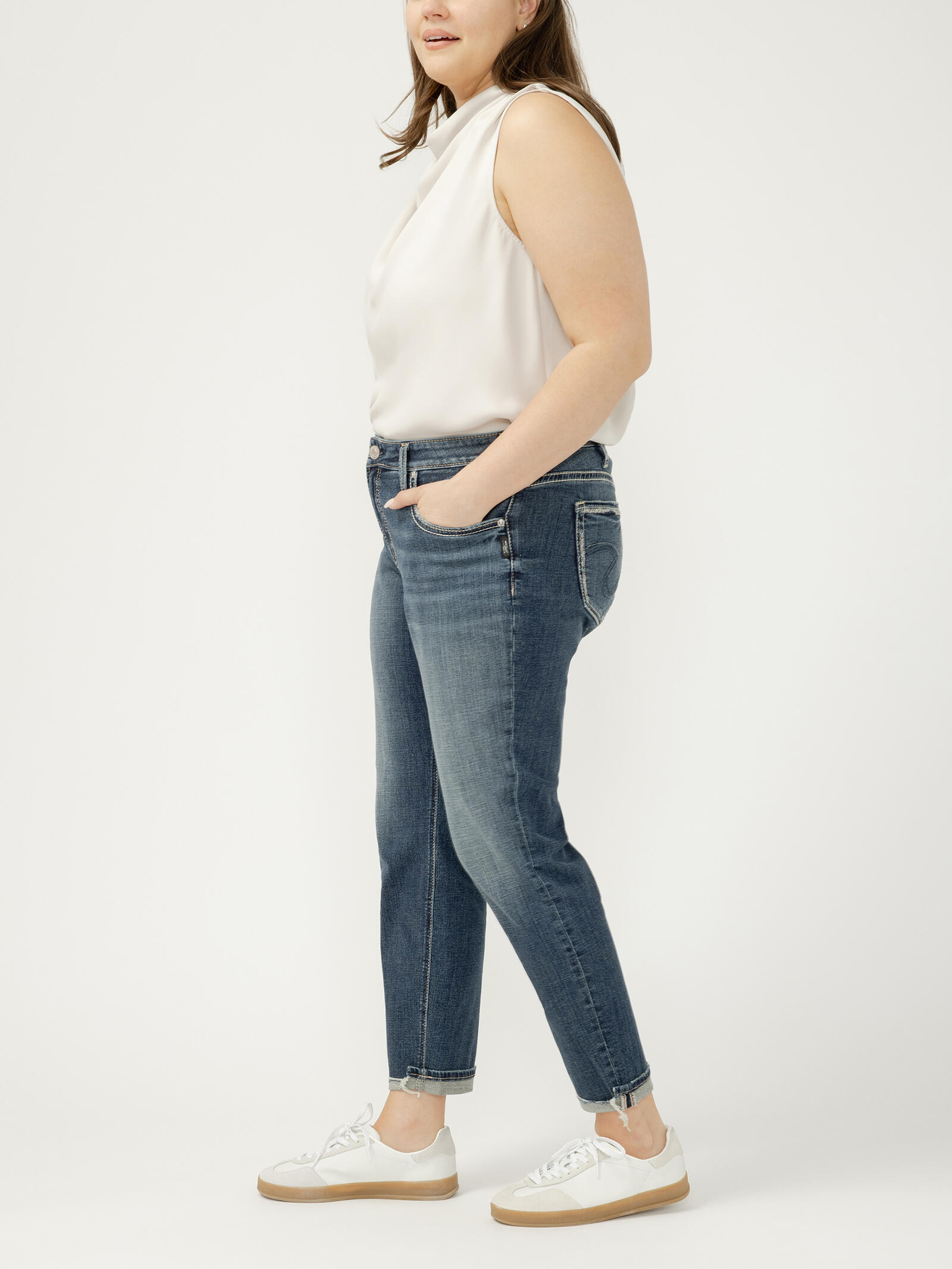 Buy Boyfriend Mid Rise Slim Leg Jeans Plus Size for USD 44.00 | Silver ...
